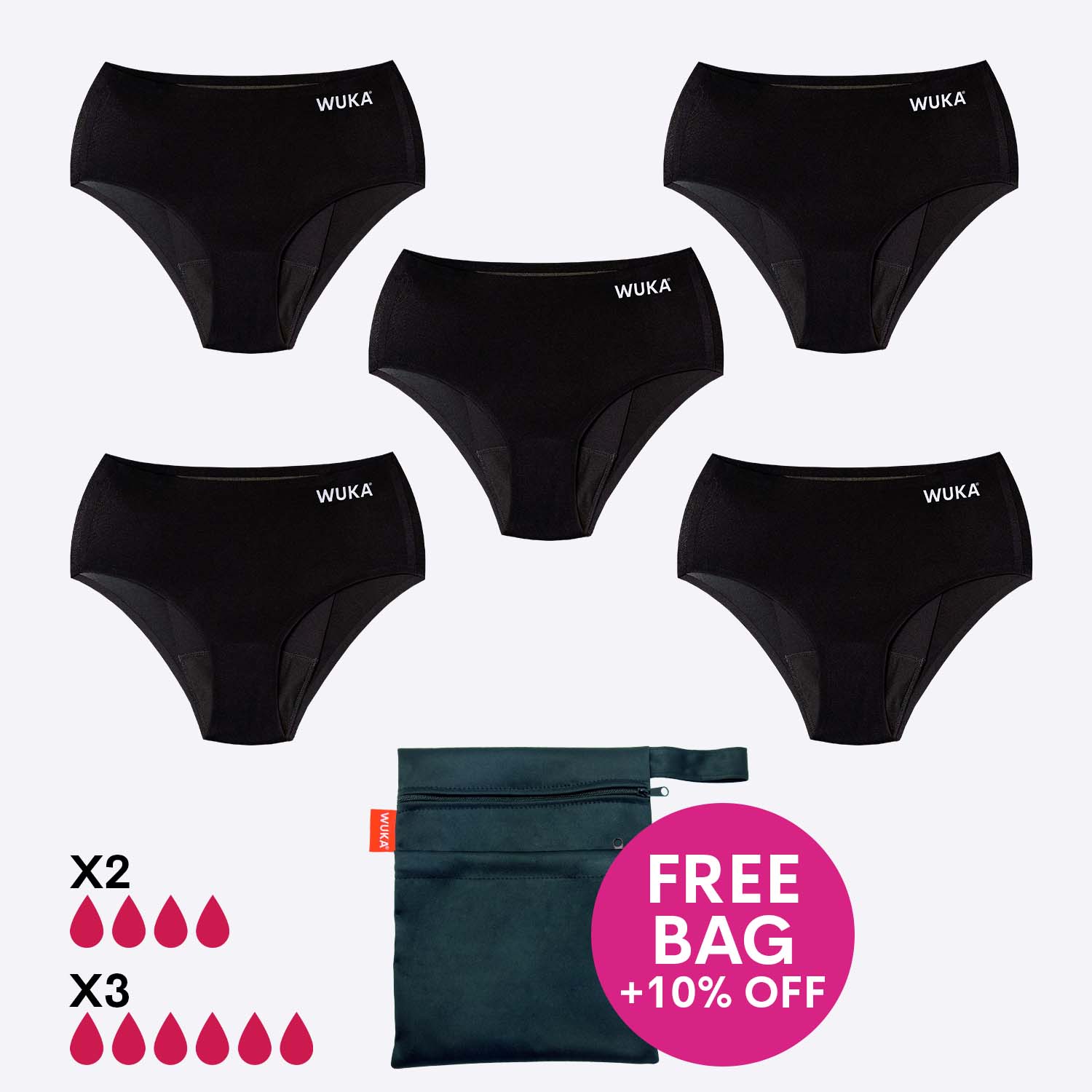 WUKA Period School Week Set - 5 Stretch Super + Wet Bag | WUKA